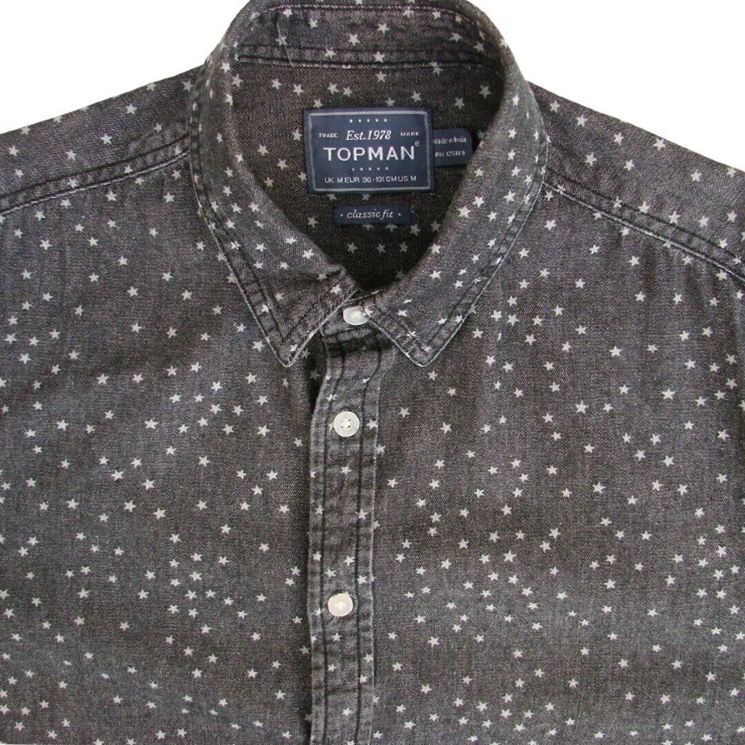 TOPMAN Shirt Mens 16 M Dark Grey Light Grey Stars CLASSIC FIT DENIM